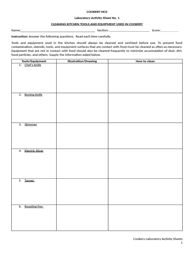 Cookery Act. Sheet 1 | PDF