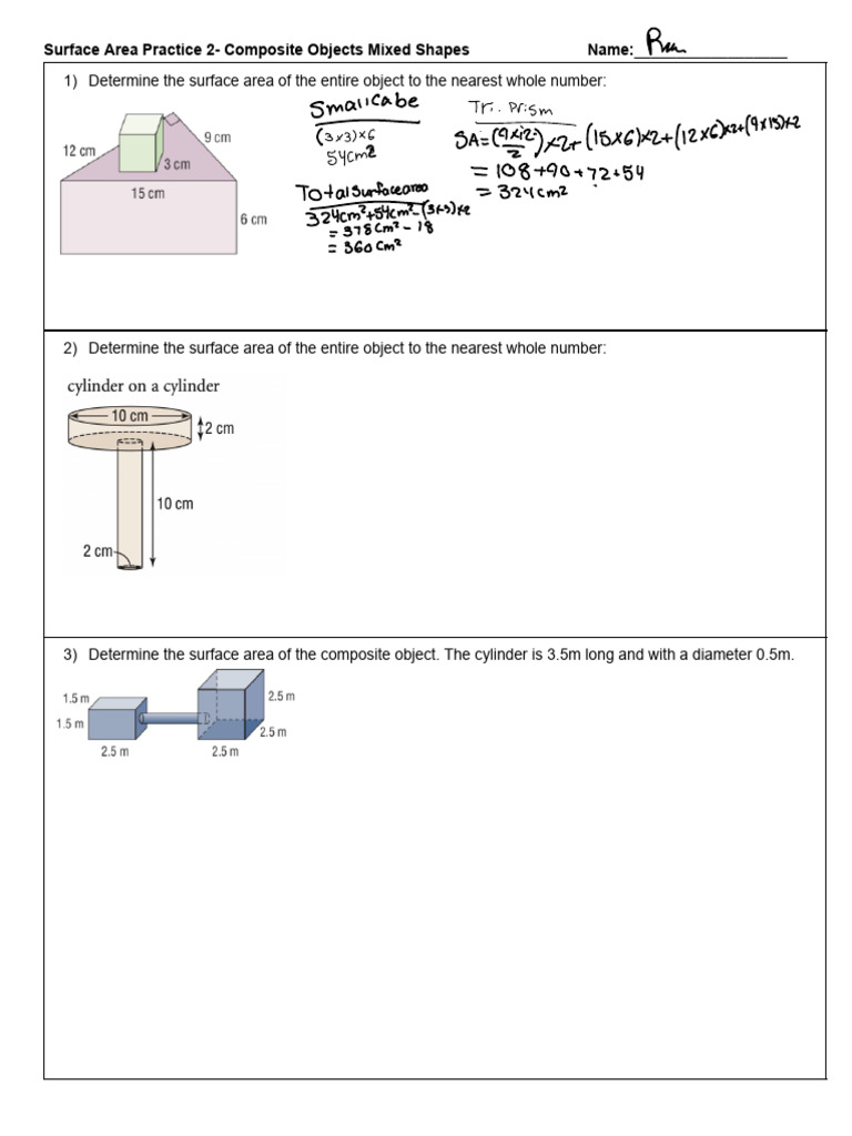 6.2 Surface Area Practice 2 - Mixed Objects | PDF