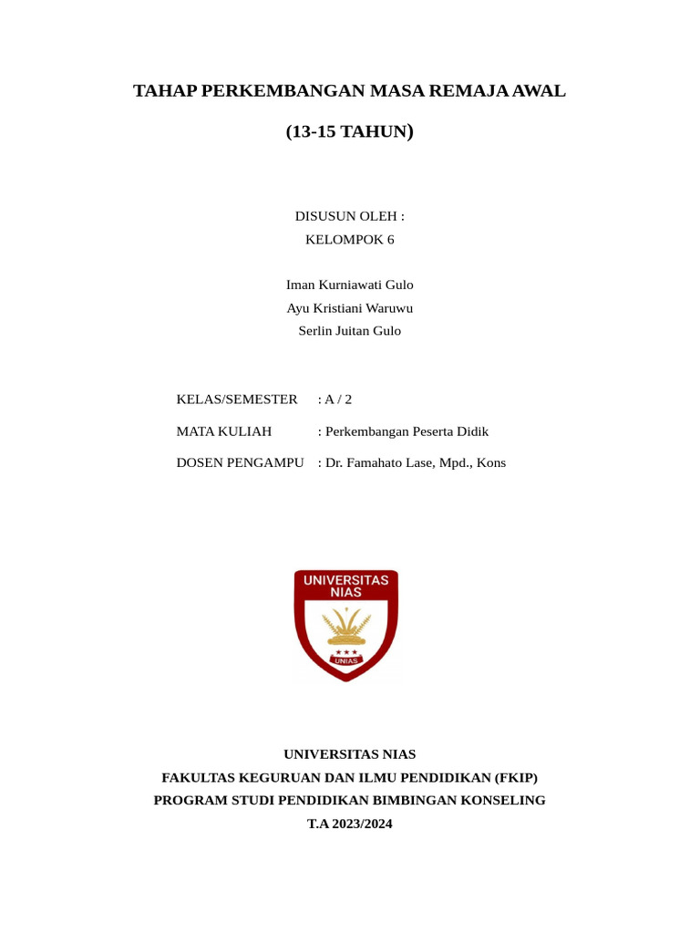 TAHAP PERKEMBANGAN MASA REMAJA AWAL | PDF