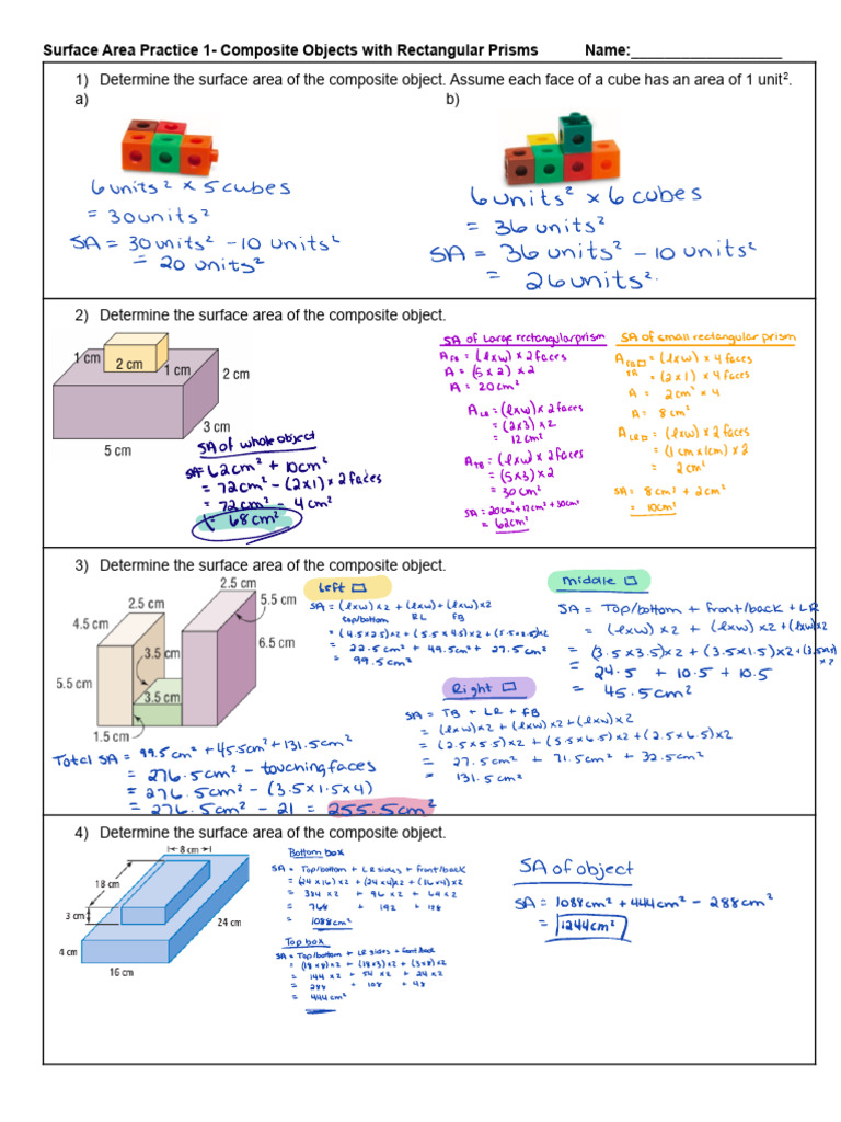 Surface Area Practice 1 - Rectangular Prisms Answers | PDF