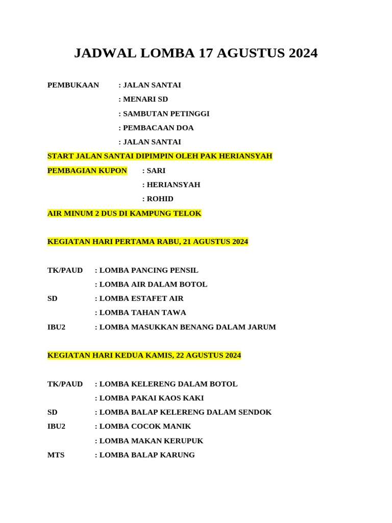 Jadwal Lomba 17 Agustus 2024 | PDF