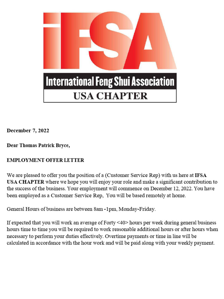 Thomas Patrick Bryce Employment Offer Letter | PDF