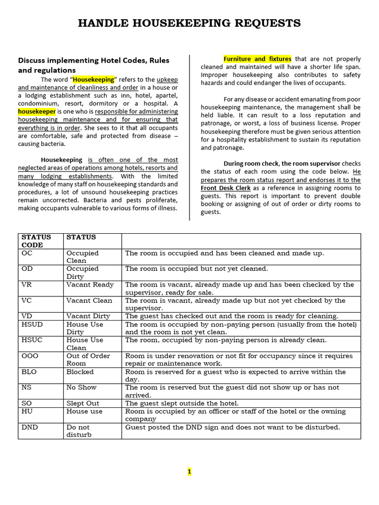 Handle Housekeeping Requests Quarter1 Module1 | PDF