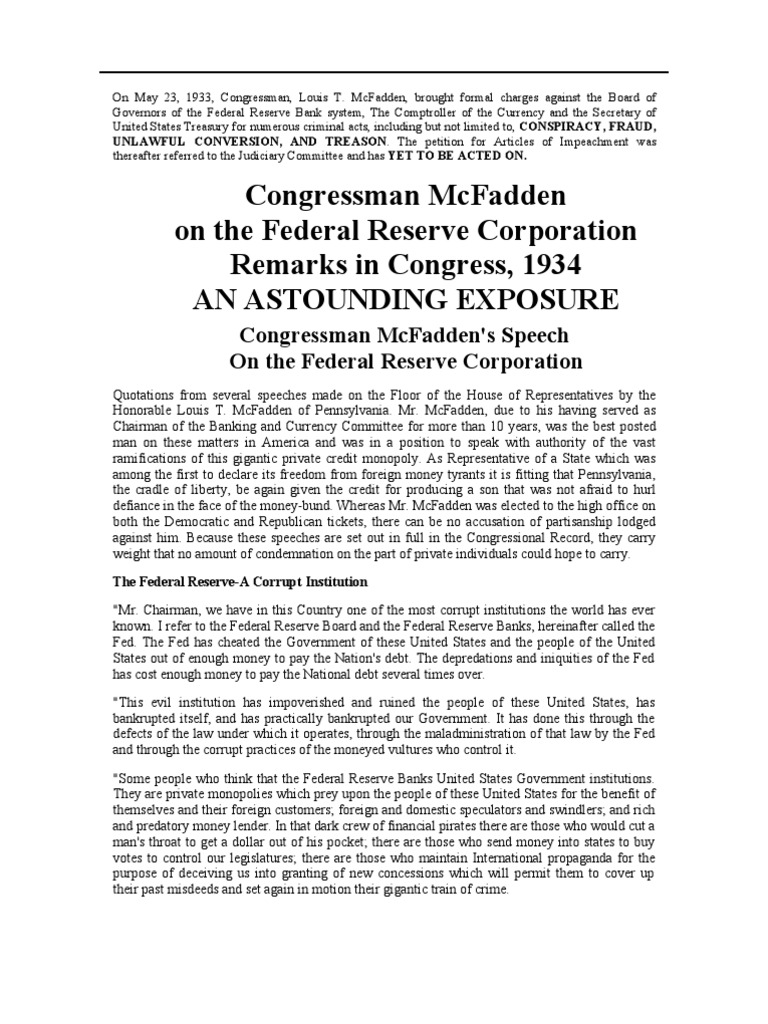 McFadden's Federal Reserve Exposé | PDF | Federal Reserve System | Banks