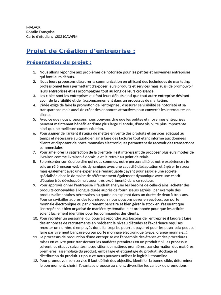 Projet de Création D'entreprise | PDF
