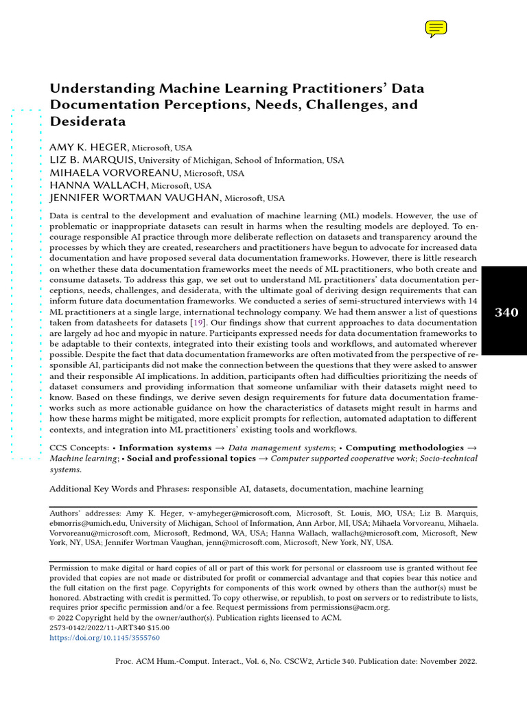 Heger - Understanding ML Practitioners Data Documentation Perceptions, Needs, Challenges and ...