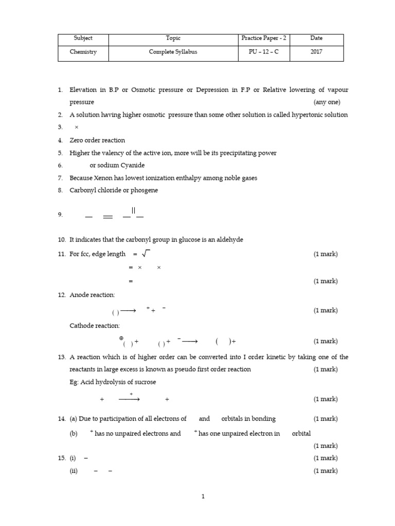 02-PU12 Chemistry Practice Paper 2 - Solutions | PDF