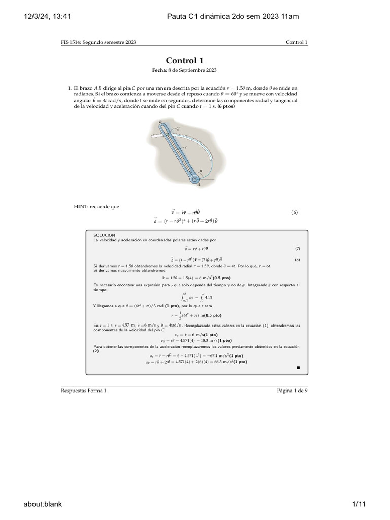 Pauta C1 Dinámica 2do Sem 2023 11am | PDF