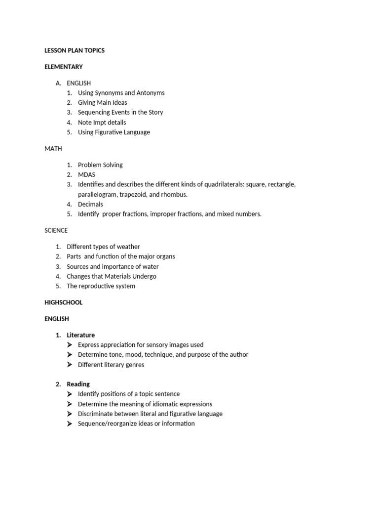 Lesson Plan Topics | PDF