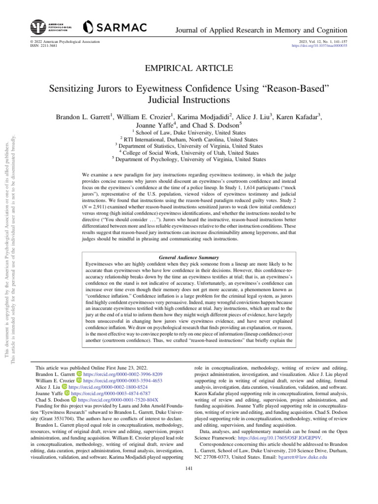 Sensitizing Jurors To Eyewitness Confidence Using "Reason-Based ...