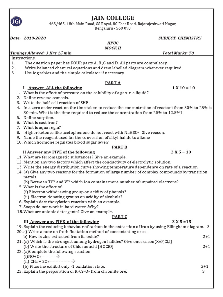 Karnataka II PUC CHEMISTRY Model Question Paper (6) 2020 | PDF