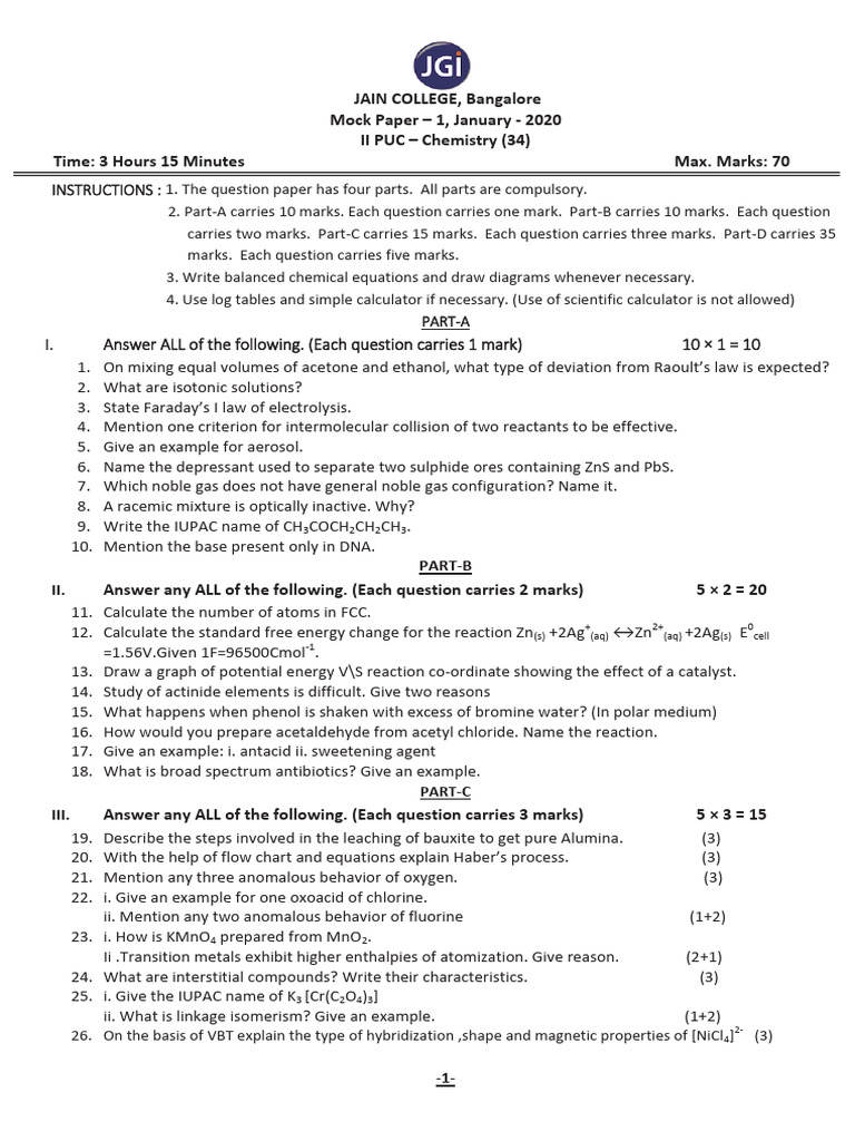 Karnataka II PUC CHEMISTRY Model Question Paper 2020 | PDF
