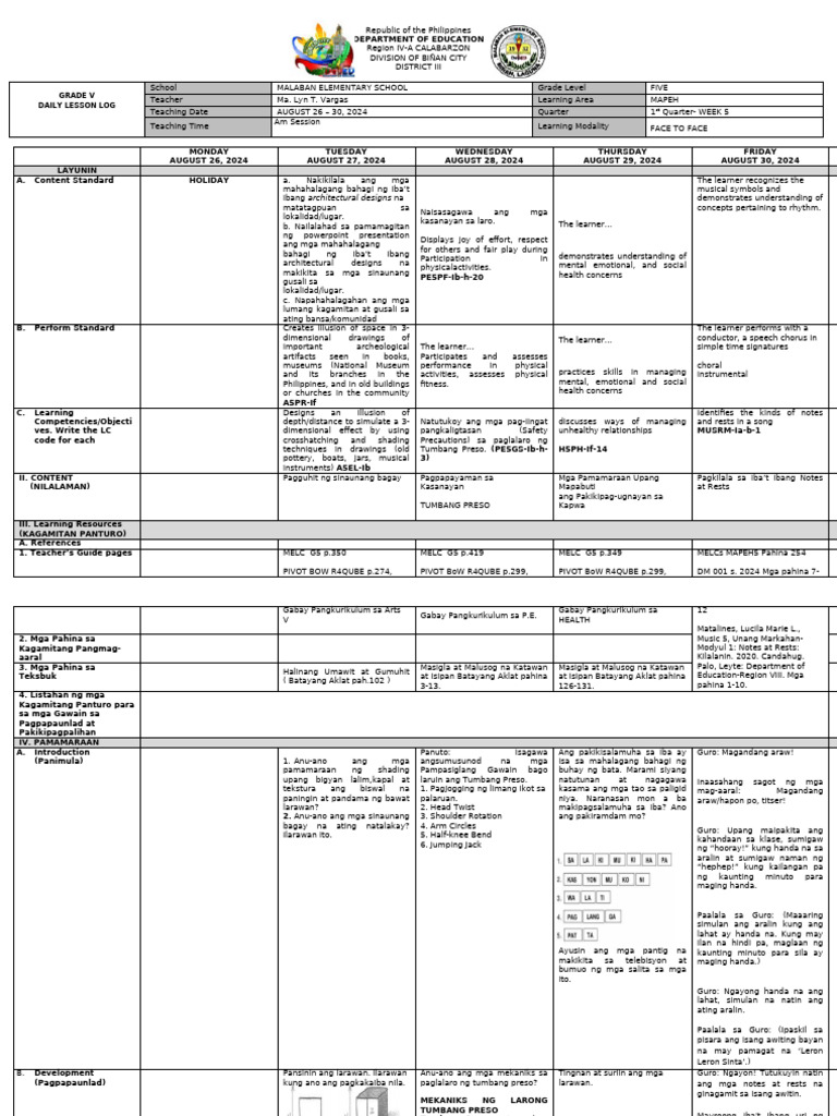 DLL Mapeh Wcuf Q1 W5 | PDF