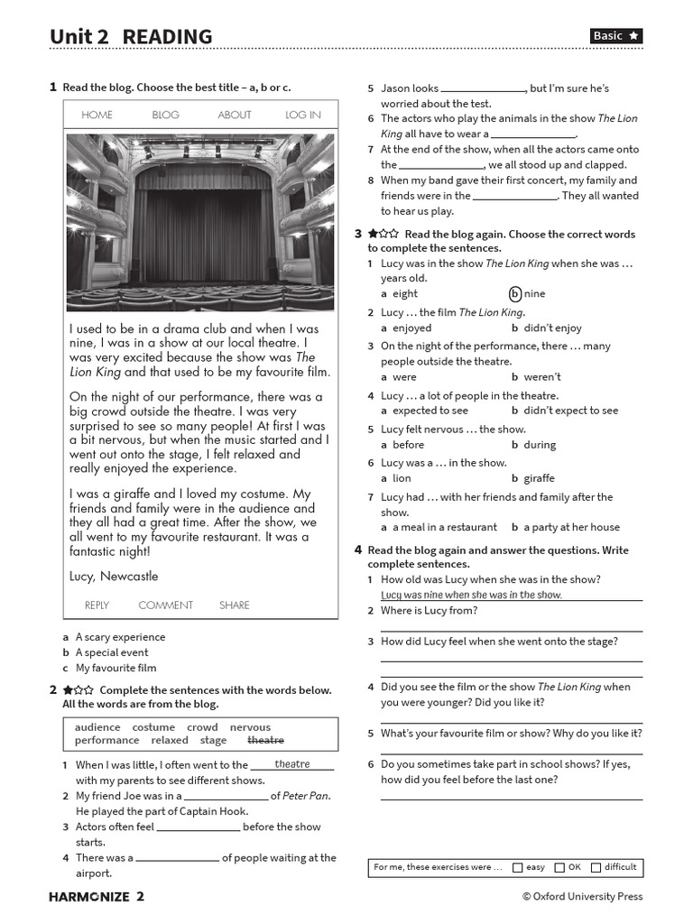Harmonize 2 TRM Reading Unit 2 Worksheets | PDF