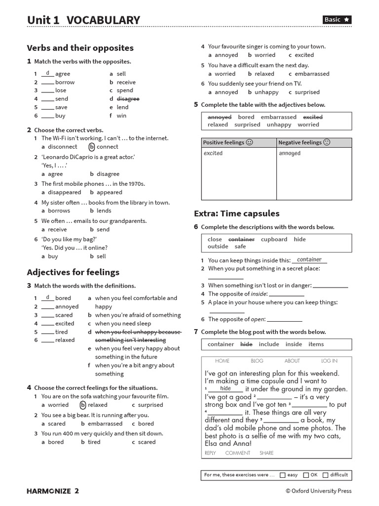 Harmonize 2 TRM Unit 1 Vocab Grammar Worksheets | PDF