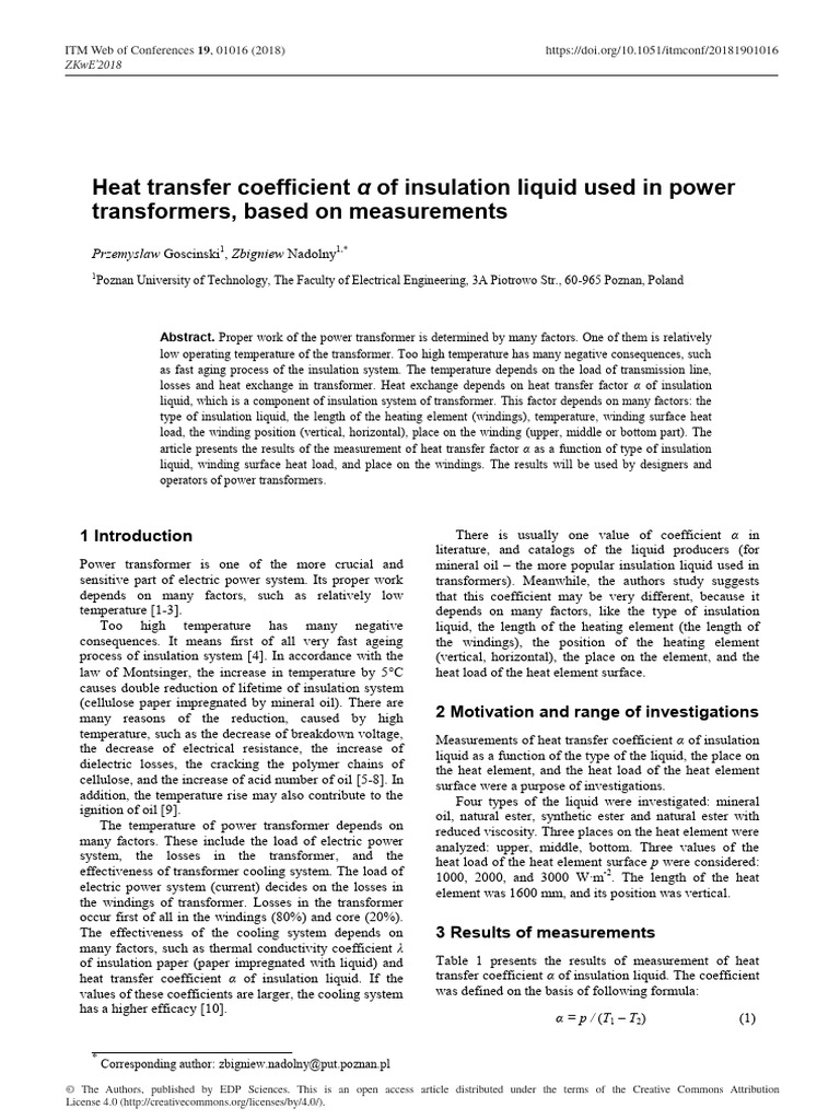 2018 Heat Transfer Coefficient Alfa of Insulation Liquid Used in Power Transformers, Based On ...
