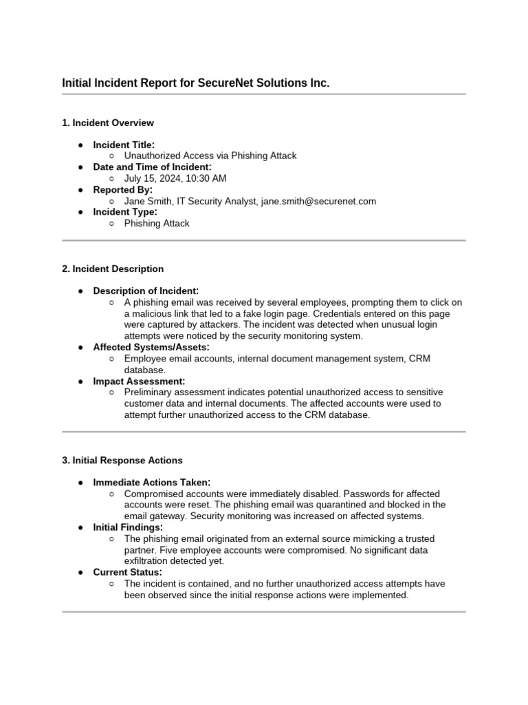 Initial Incident Report For SecureNet Solutions Inc | PDF