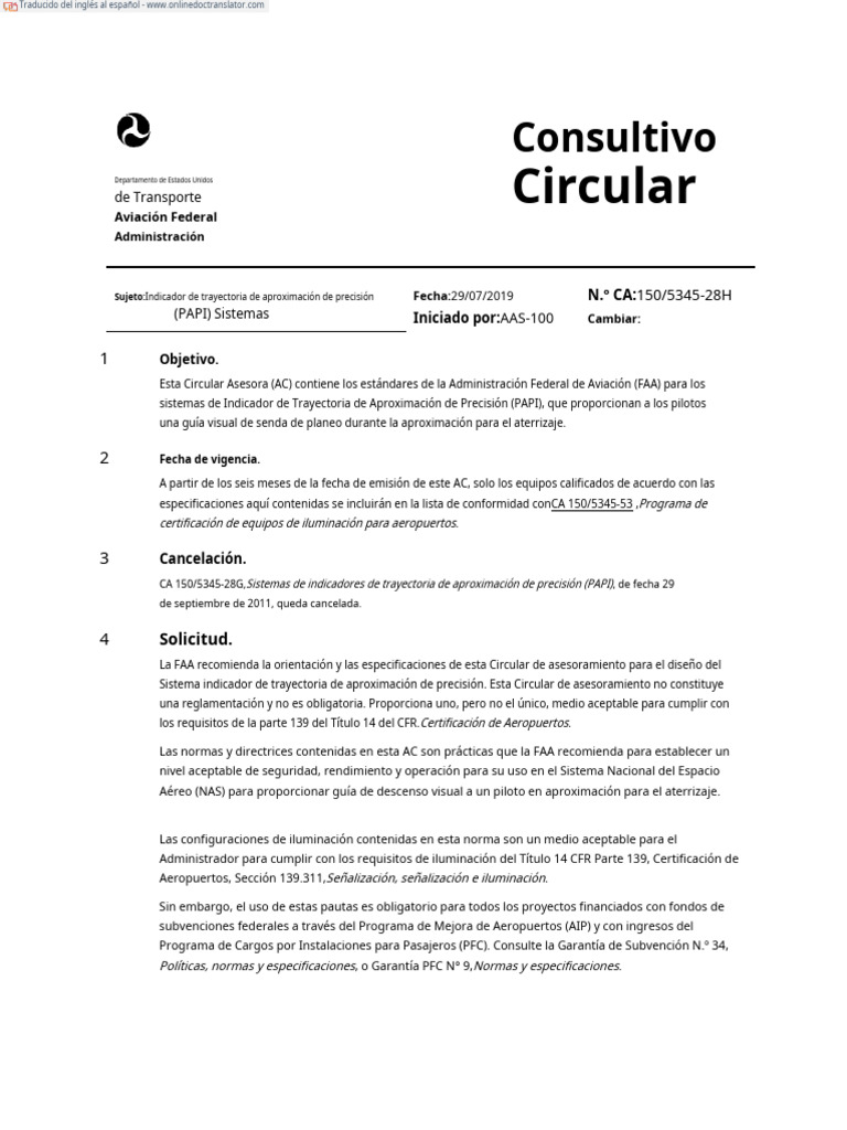 AC 150-5345-28H Precision Approach Path Indicator PAPI System - En.es | PDF