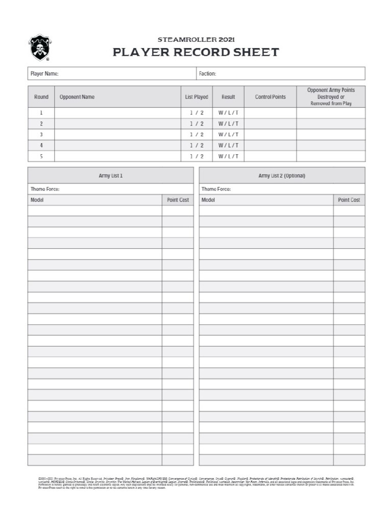 Steamroller Player Record Sheet 2021 | PDF