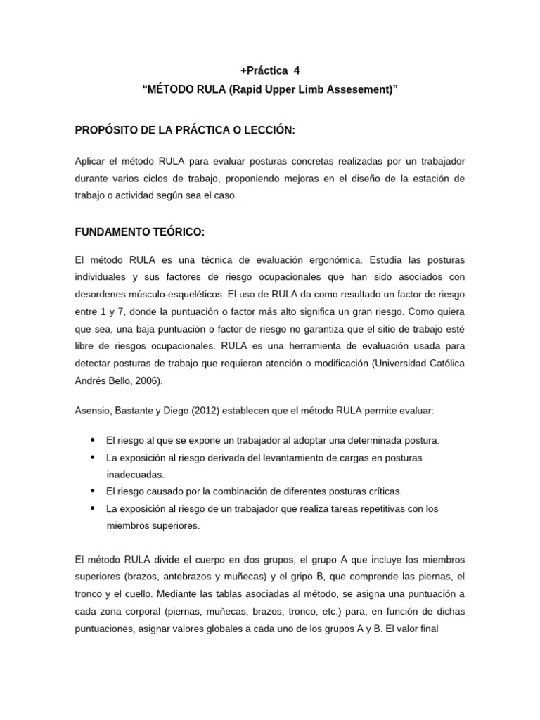 Práctica 4. Método RULA (Rapid Upper Limb Assesment) | PDF