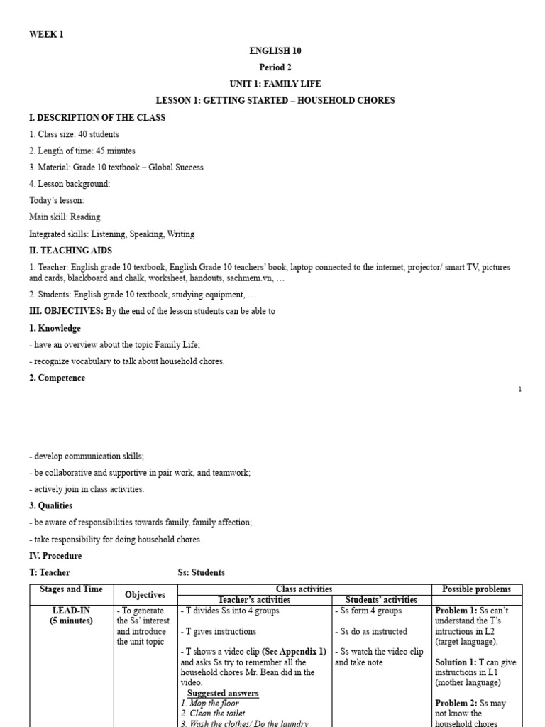 Lesson Plan English 10 - U1 - Getting Started | PDF