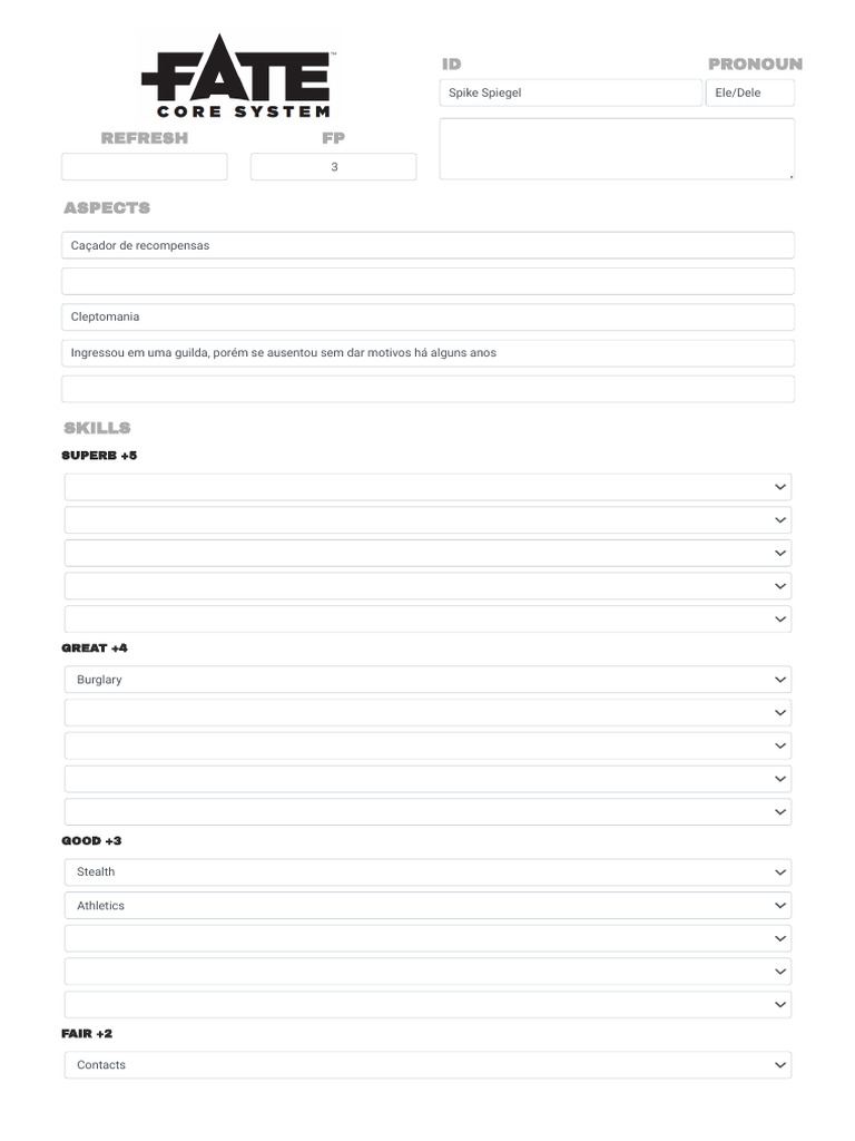 Spike Spiegel 2 - Fate Character Sheet | PDF