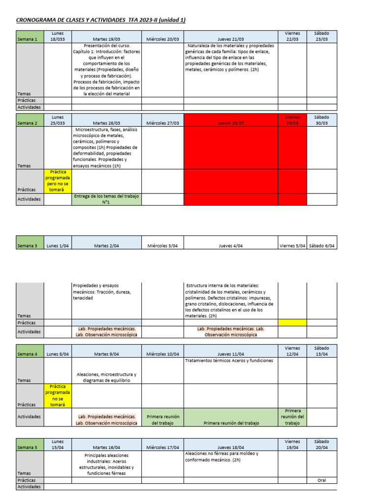 Tfa Cronograma de Clases y Actividades 2024-I | PDF