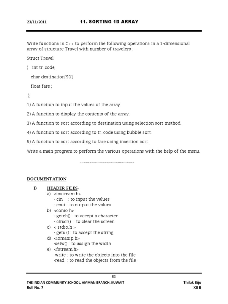 Sorting 1D Array: Documentation-I) Header Files | PDF | String (Computer Science) | Software ...