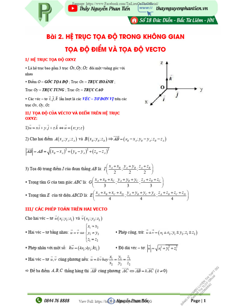 Bai 2 He Truc Toa Do Trong Khong Gian Toa Do Diem Vecto | PDF