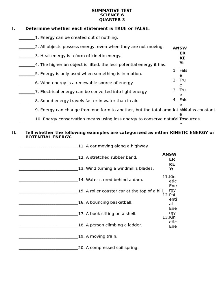 SUMMATIVE Test Science 6 Quarter 3 | PDF