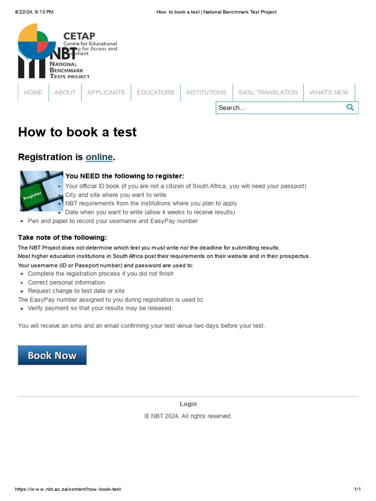 How To Book A Test - National Benchmark Test Project | PDF