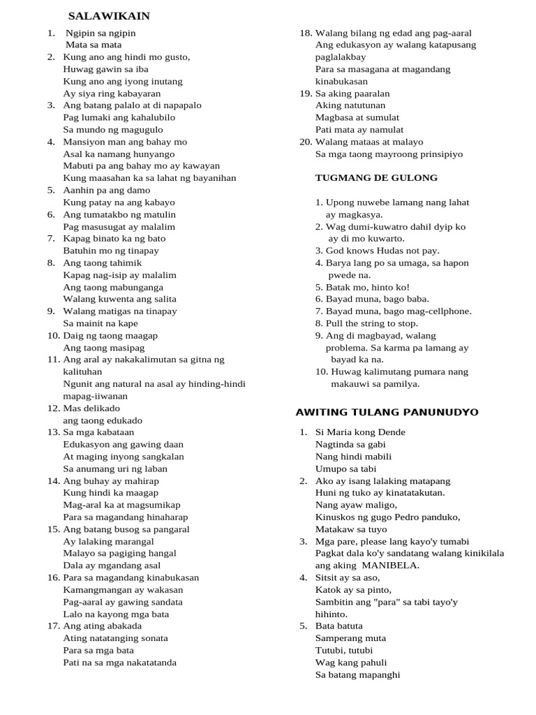 Salawikain, Panunudyo Etc | PDF