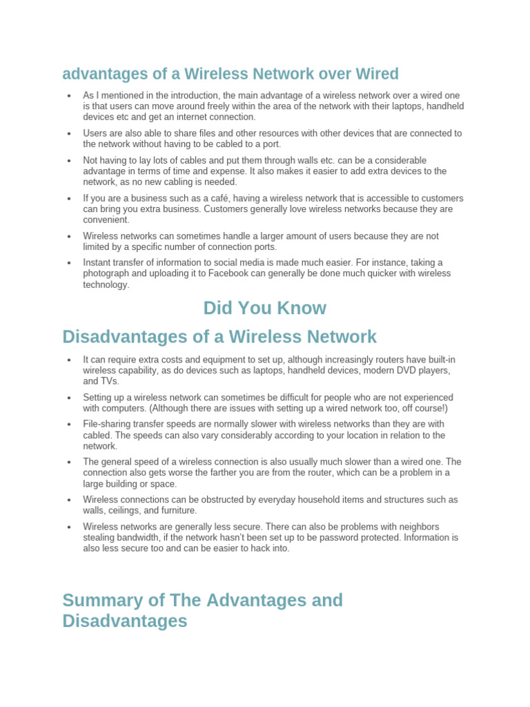 Advantages of A Wireless Network Over Wired | PDF