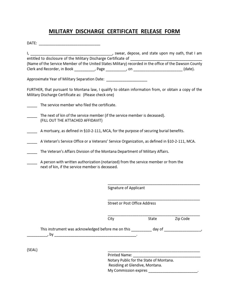 Military Discharge Certificate Release Form | PDF