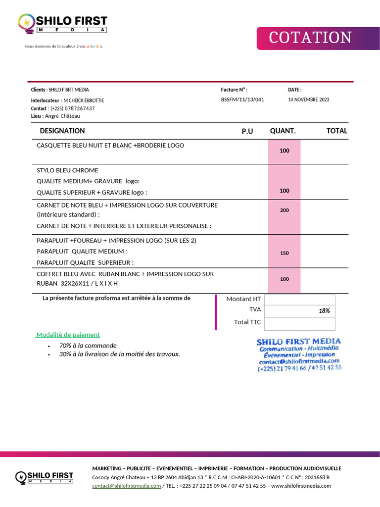 Demande de Cotation SHILO FIRST MEDIA | PDF