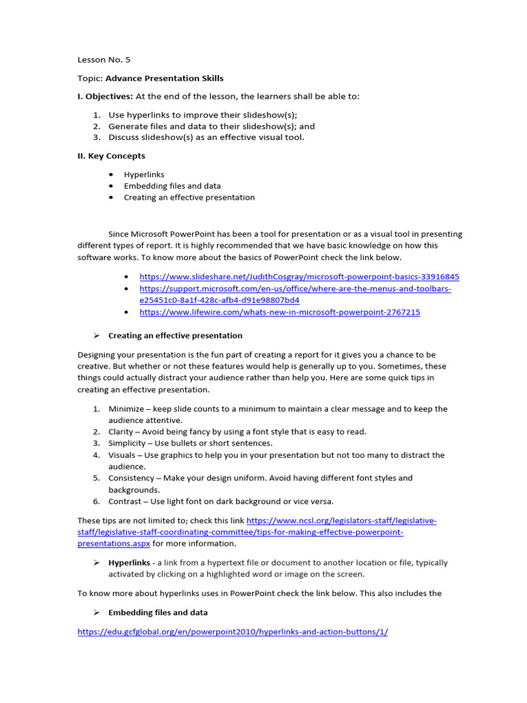 Lesson No. 5 Advance Presentation Skills | PDF | Hyperlink | Computers