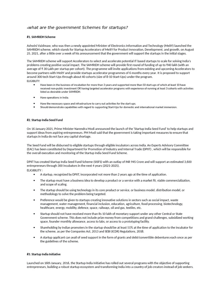 What Are The Government Schemes For Startups | PDF