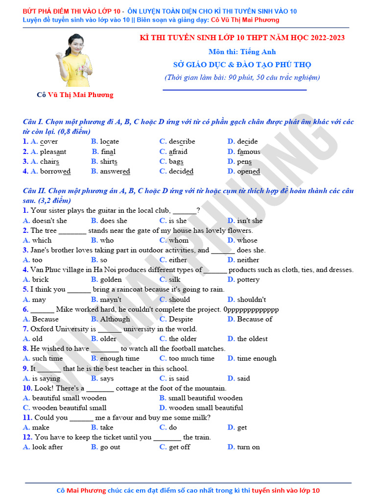 Ể Ớp 10 Thpt Năm Họ: Câu I. Ch nm cD ngv it có ph ng cphátâmkhácv i các t còn l m) | PDF