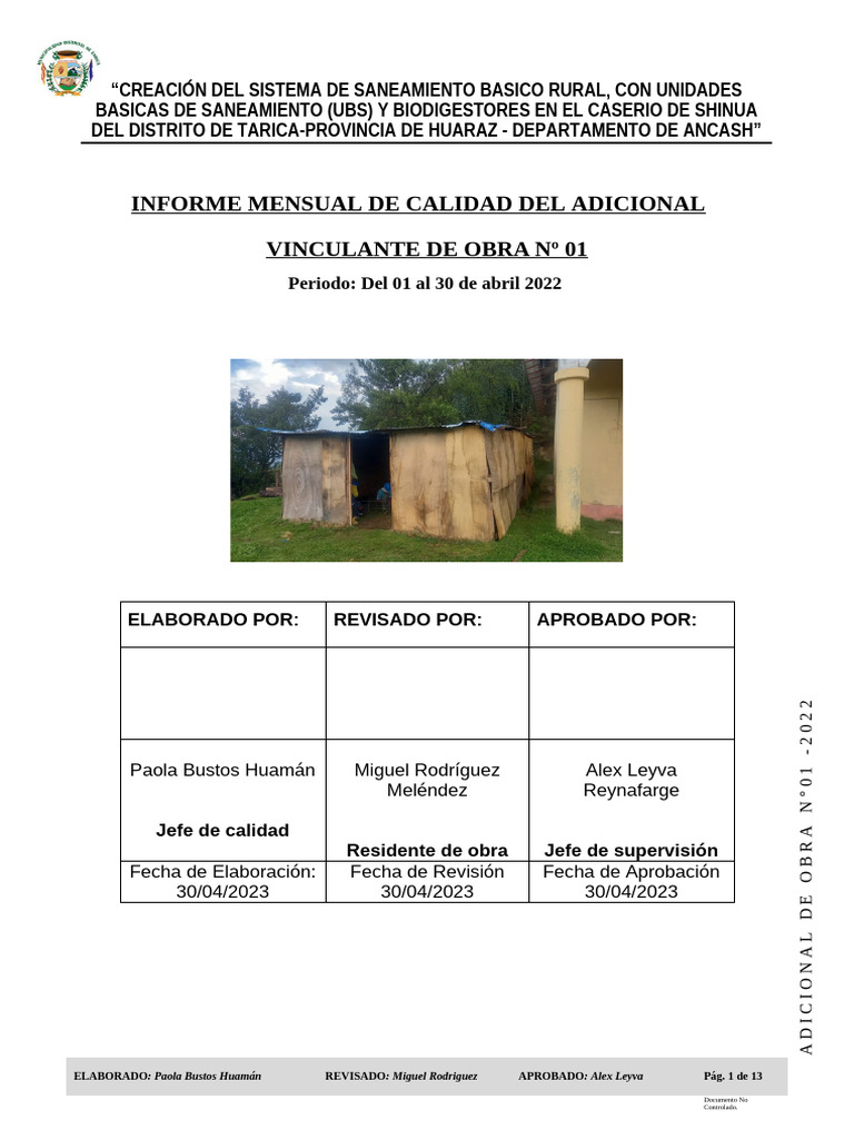 INFORME 01 Del Adicional Vinculante de Obra - Abril 2023 | PDF