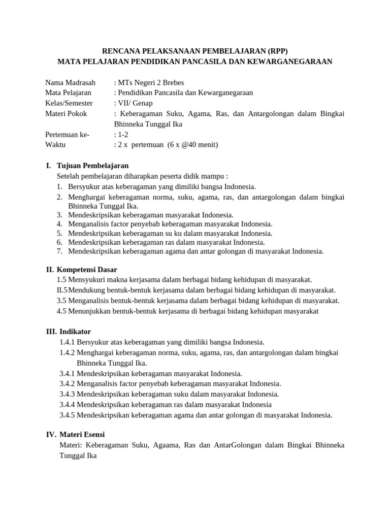 RPP PPKn VII: Keberagaman di Indonesia | PDF