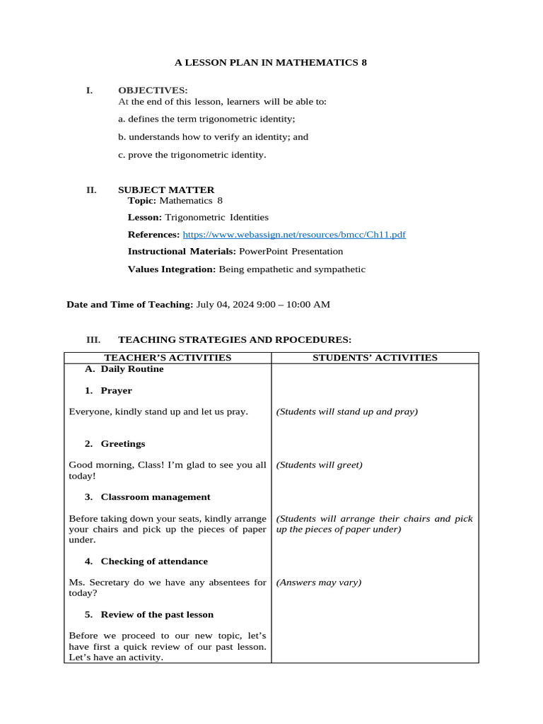 A Lesson Plan In Mathematics 8 Proving Trigonometric Identities Pdf