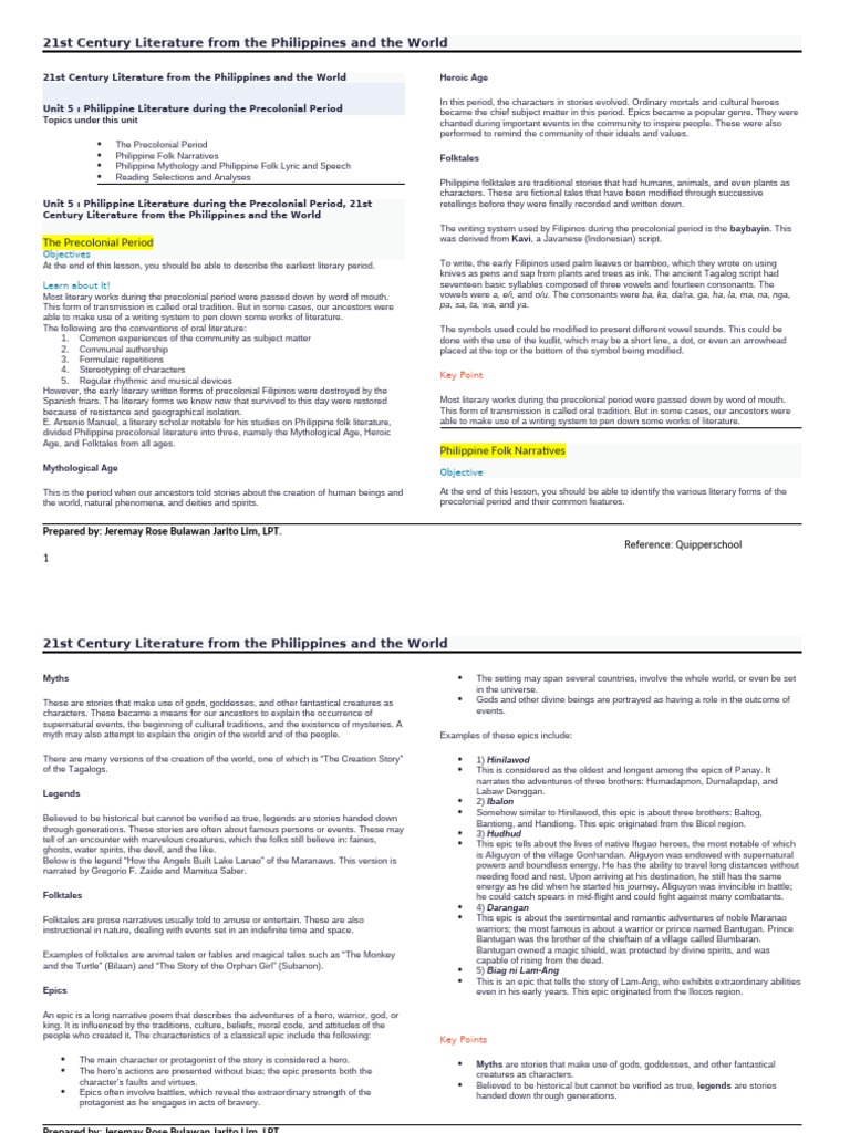 Quipper Unit 5 Philippine Literature During The Precolonial Period | PDF