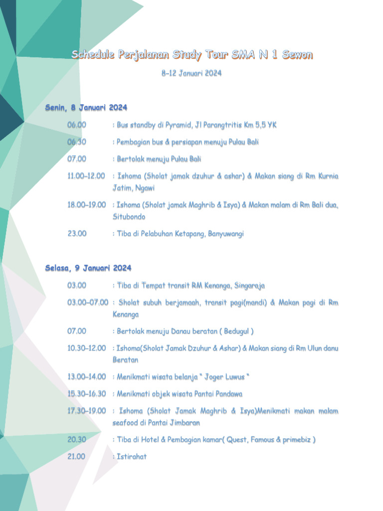 Schedule Perjalanan Study Tour SMAN 1 Sewon Bali 2024 | PDF