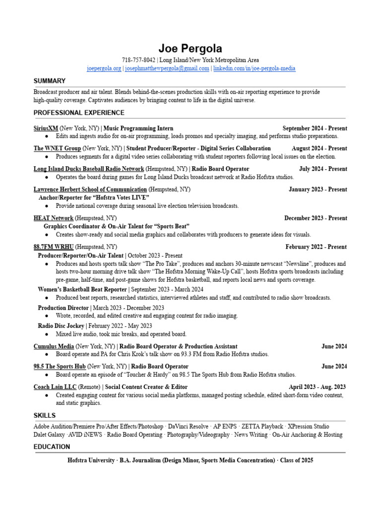 Joe Pergola Resume 9-24 | PDF | Broadcasting | Art