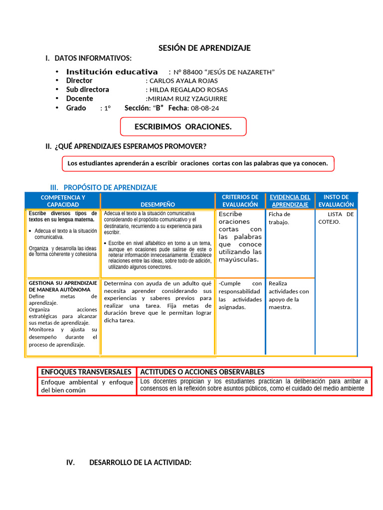 SESIÓN DE APRENDIZAJE Escribimos Oraciones | PDF