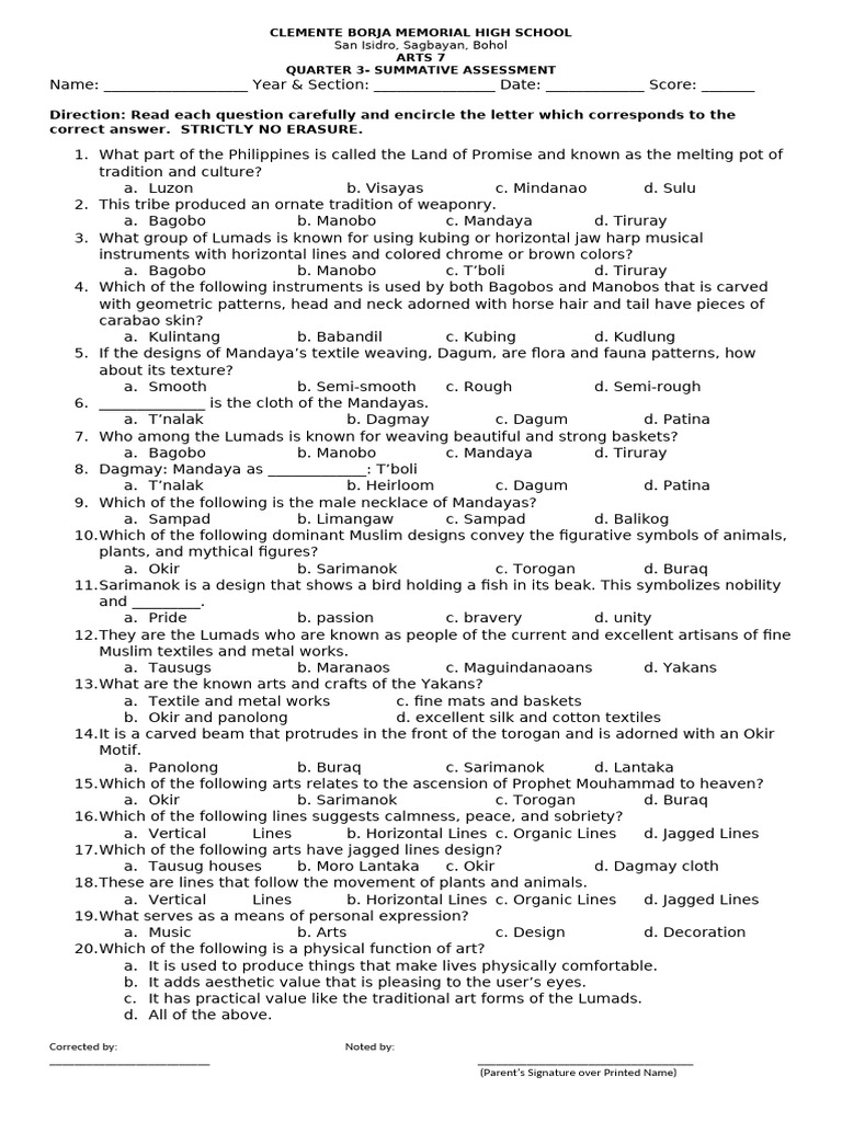 ARTS 7-Q3 Summative Assessment | PDF