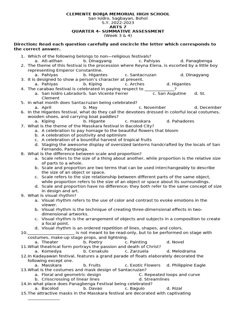 ARTS 7-Q4 Summative Assessment | PDF