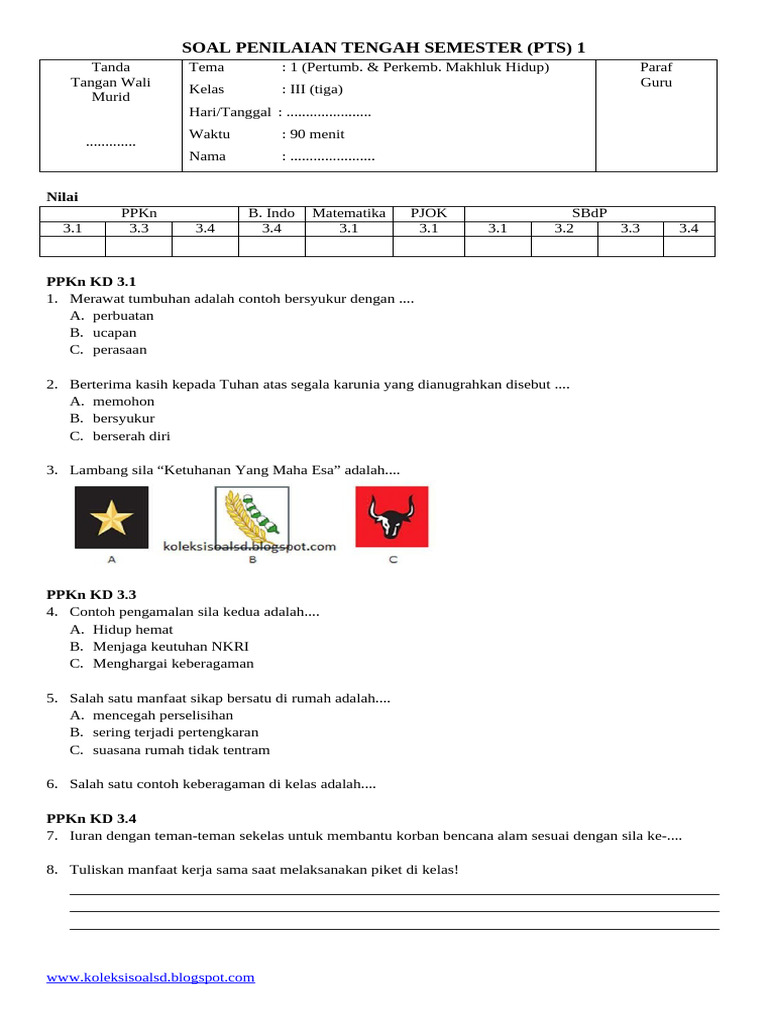 Soal PTS Kelas 3 Tema 1 | PDF
