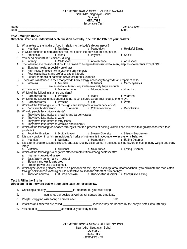 Heath Q2 Summative Test | PDF