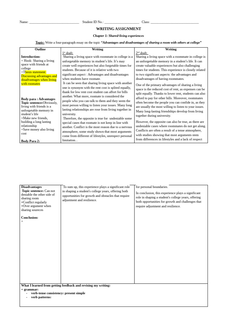 Writing Assignment Chapter 1 2 | PDF | Roommate | Language Arts ...
